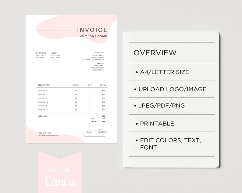 Invoice Template Pink, Invoice Template Editable, Customizable Invoice ...