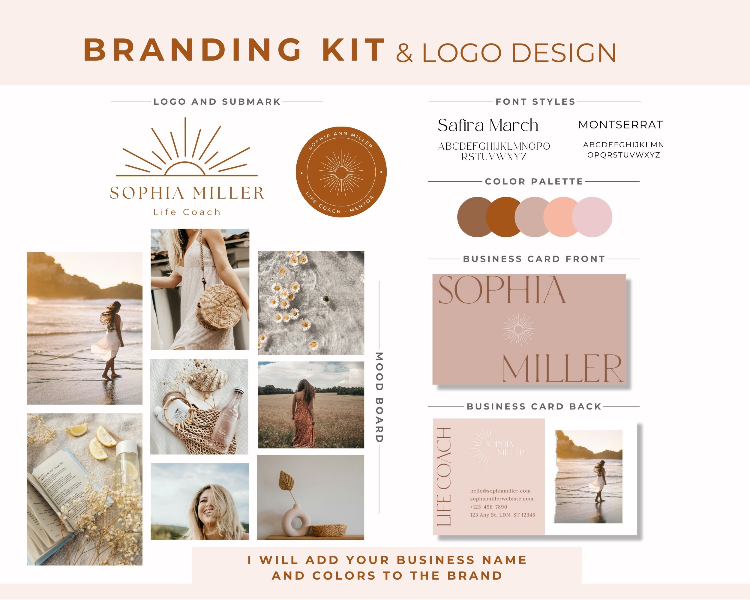 Personalized Boho Branding Kit & Logo Design, Blush Design, Pink White ...