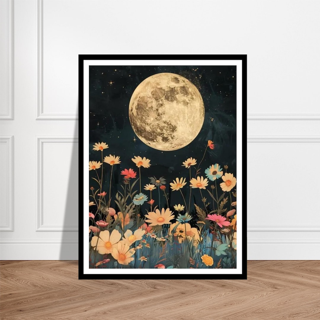 Moon & Wildflowers Art Print Magical Full Moon Poster Serene Wildflower ...