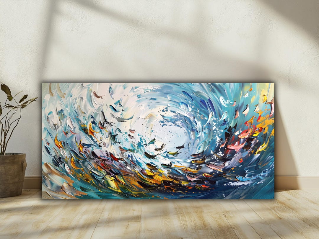 Ocean Wave Canvas Art, Coastal Fish School Painting, Marine Life Wall ...