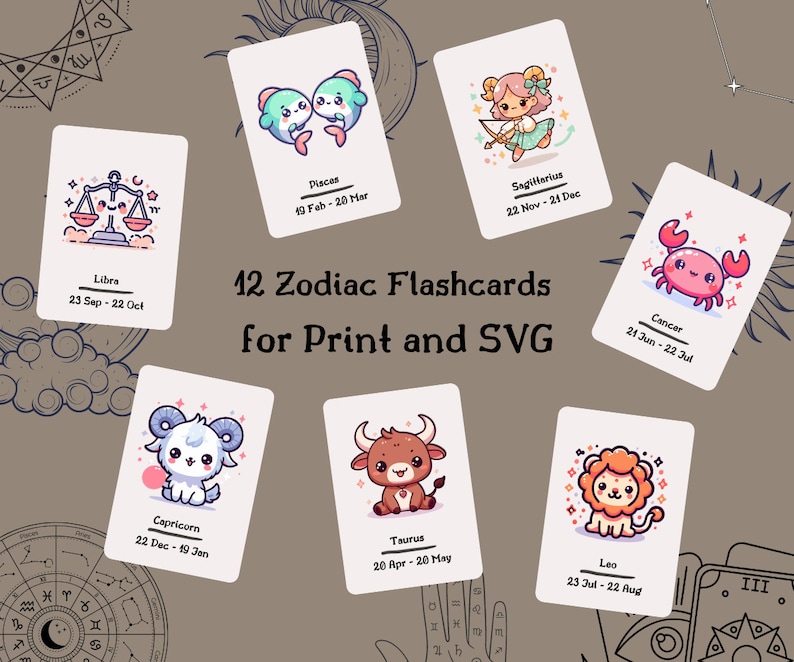 Zodiac Astrology SVG Bundle: Printable Flashcards & Cute Cut Signs - Etsy