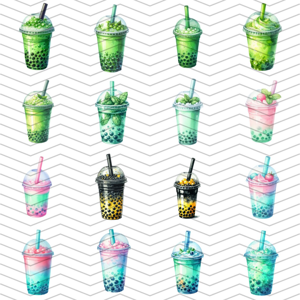 Watercolor Boba Tea Clipart Set - Transparent Background PNG, Chilled ...