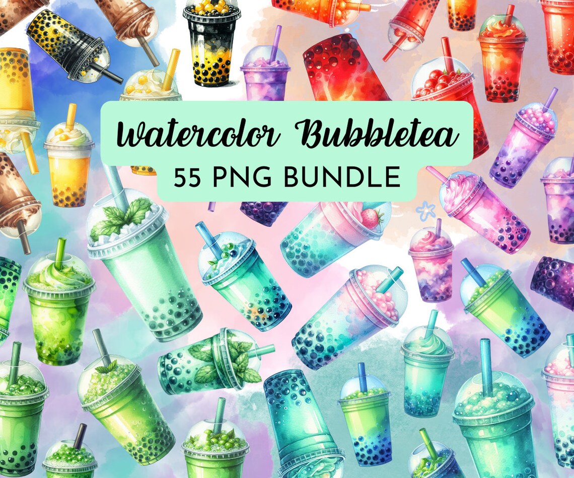 Watercolor Boba Tea Clipart Set - Transparent Background PNG, Chilled ...
