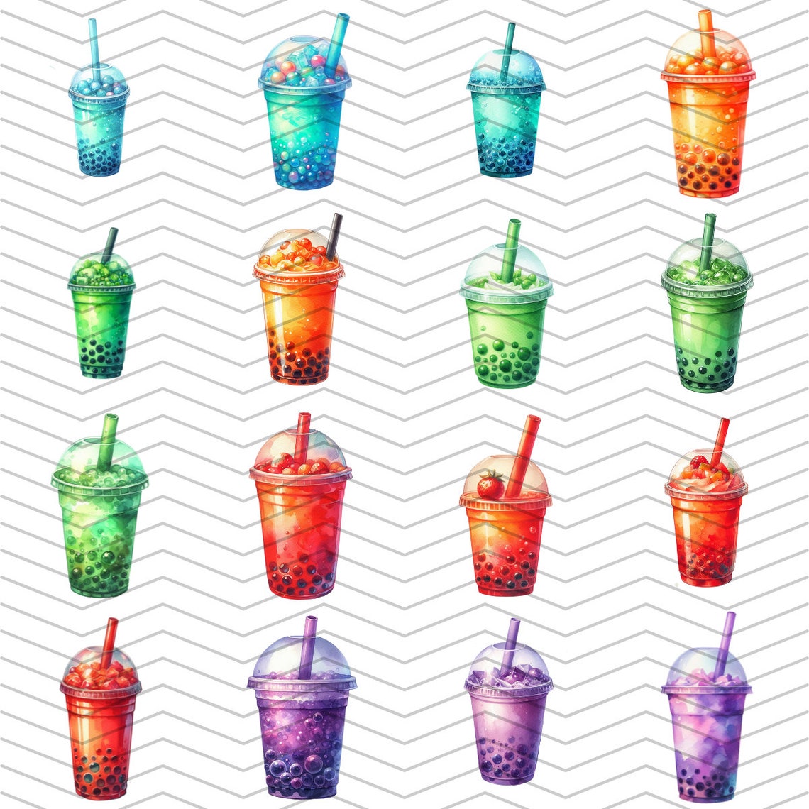 Watercolor Boba Tea Clipart Set - Transparent Background PNG, Chilled ...