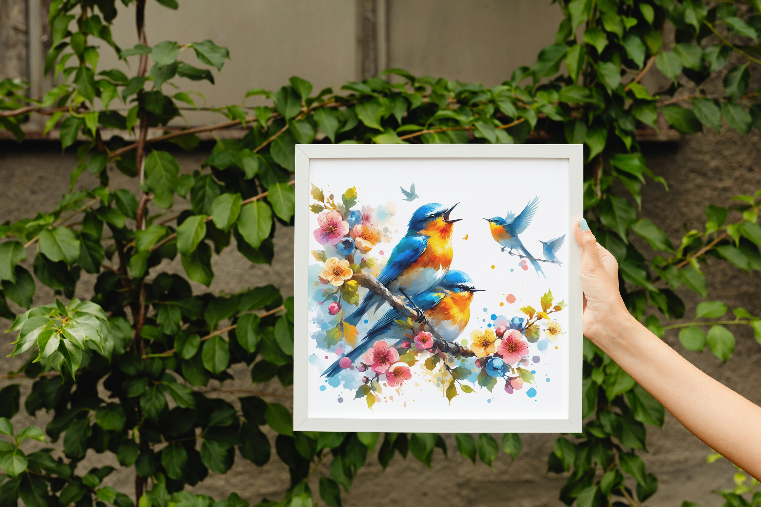 Spring Bird Silhouette & Floral Clipart Set - Cute Watercolor Birds on ...