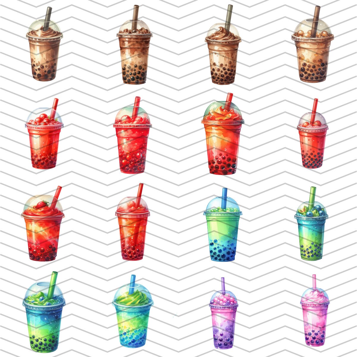 Watercolor Boba Tea Clipart Set - Transparent Background PNG, Chilled ...
