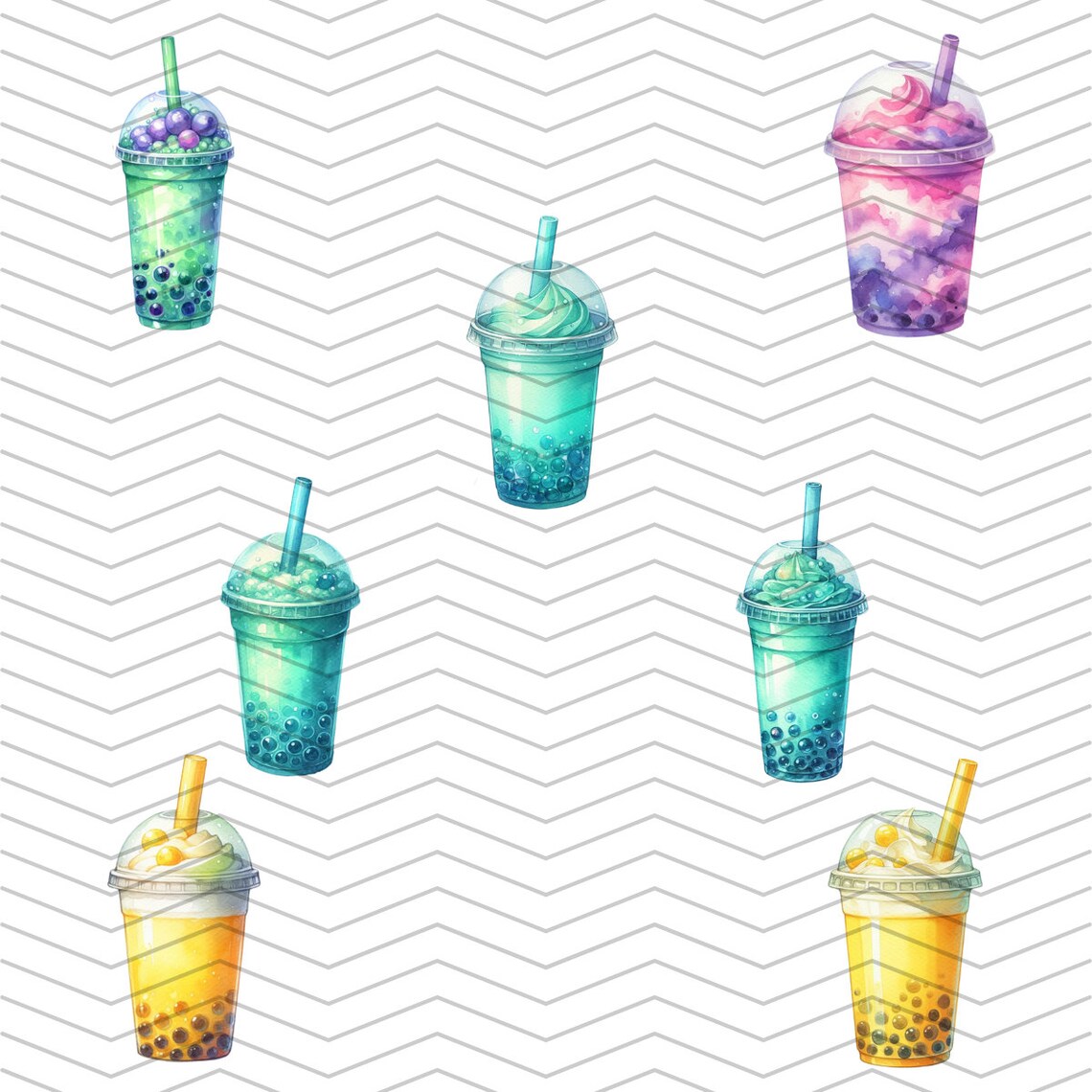 Watercolor Boba Tea Clipart Set - Transparent Background PNG, Chilled ...