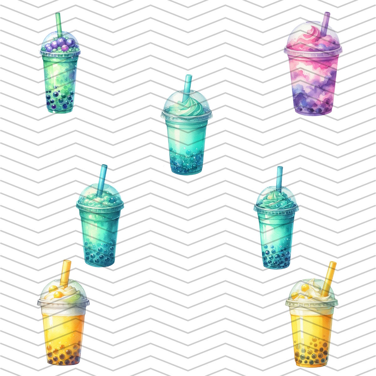 Watercolor Boba Tea Clipart Set - Transparent Background PNG, Chilled ...