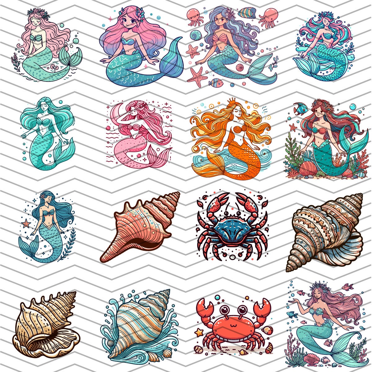 25 SVG Mermaids Clipart, Cute Sea Crab Seashell Vector, Ocean Life ...