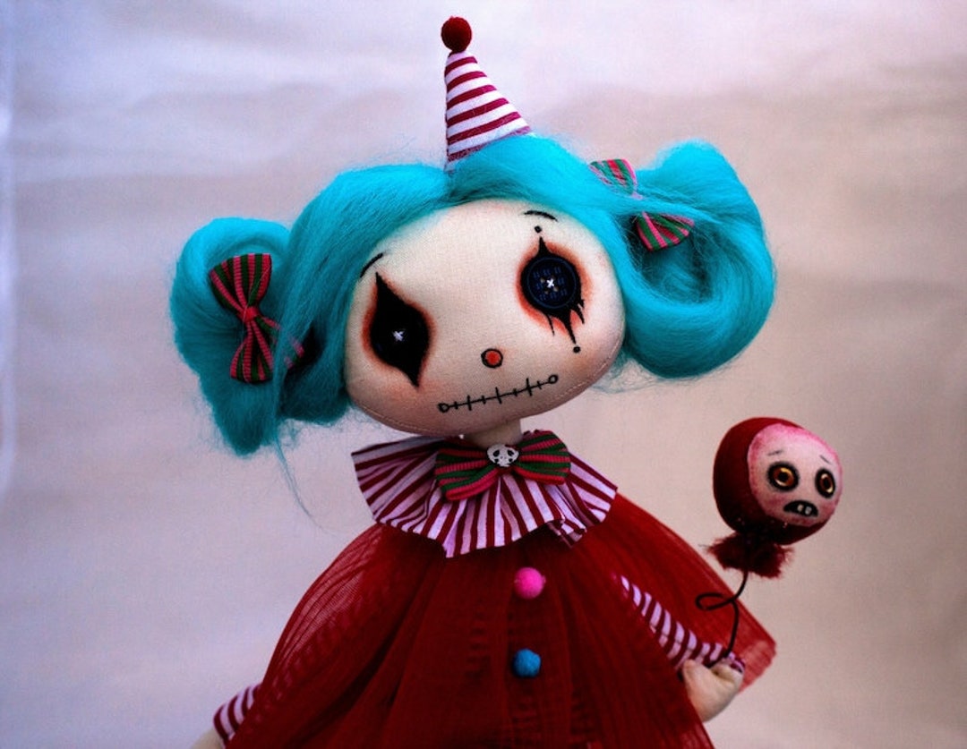 Goth Clown Doll With Big Blue Eyes And Balloon Art Doll Goth Cloth