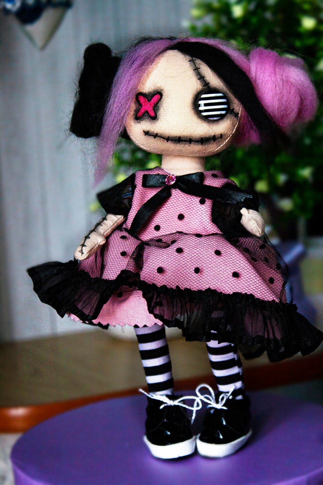 Creepy and Cute Rag Art Doll With Black-pink Hair and Button Eyes ...