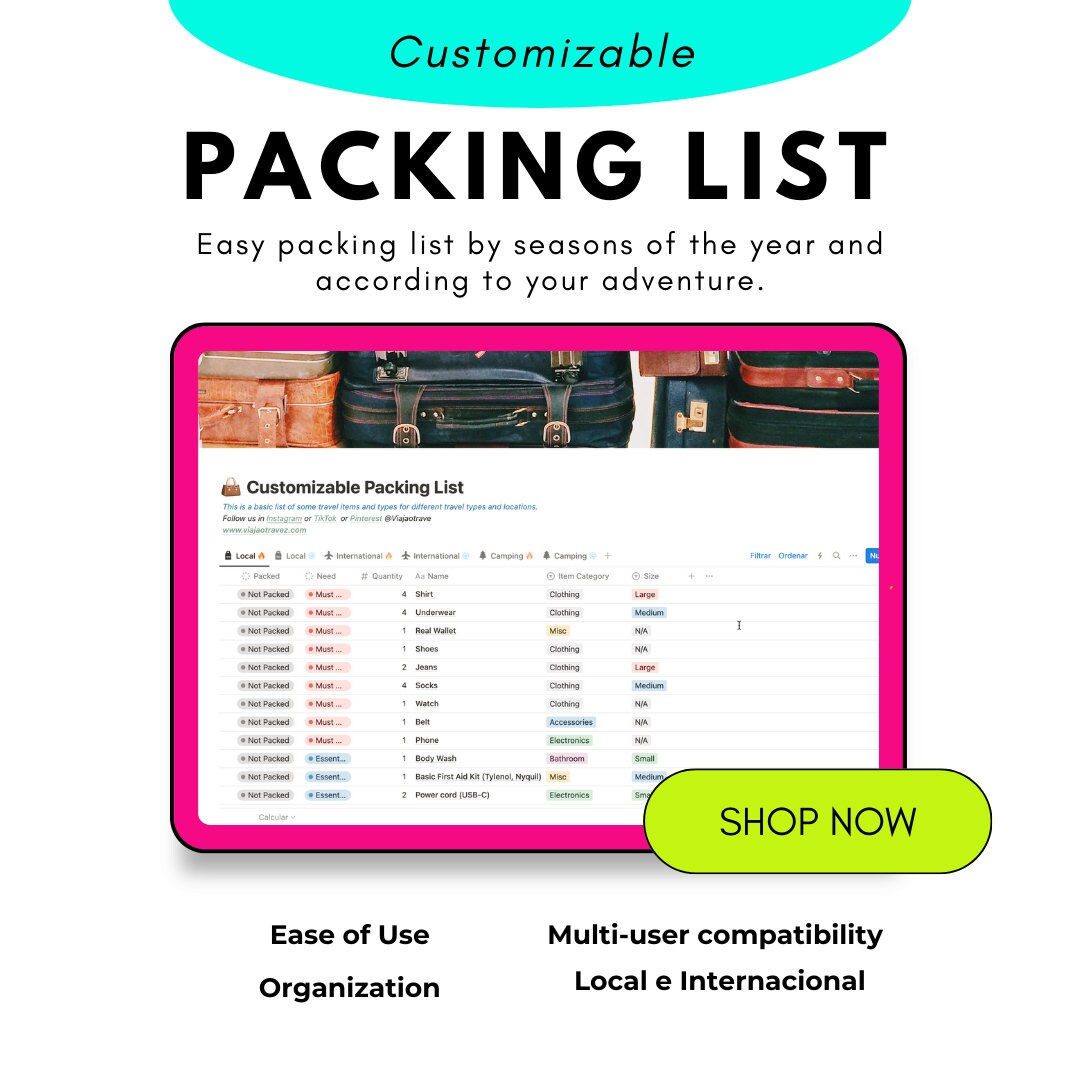 Complete Notion Template Travel Packing List, Espanol and English ...