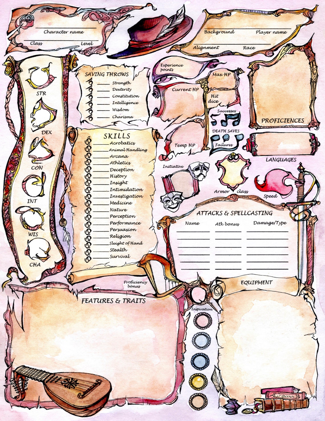 Dnd 5e Bard Character Sheet / Fillable PDF Digital Download / Dungeon ...