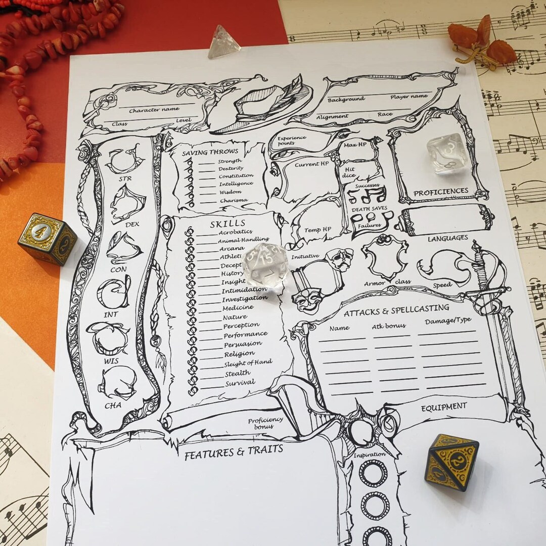 Dnd 5e Bard Character Sheet / Printable Fillable PDF / Dungeon and Dragons Digital Download ...