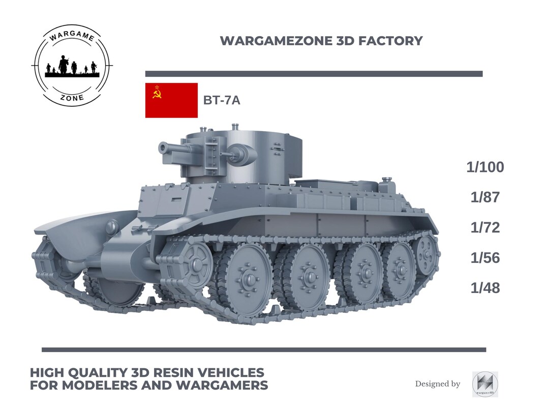 WWII Soviet Russian BT-7A Light Tank 1/100 15mm 1/87 Ho 1/72 20mm 1/56 28mm 1/48 Miniatures ...