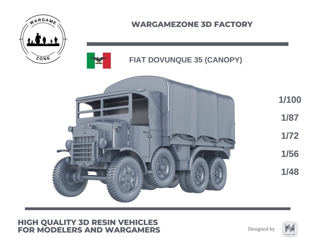 WWII ITALIAN Fiat Dovunque 35 Canopy 1/100 15mm 1/87 Ho 1/72 20mm 1/56 ...