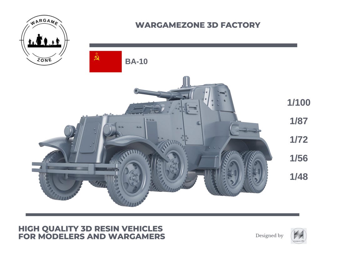 WWII Soviet Russian BA-10 Armored Car 1/100 15mm 1/87 Ho 1/72 20mm 1/56 ...