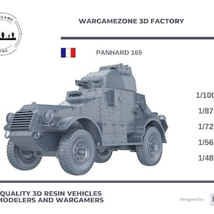 WWII FRENCH Armoured Car Panhard 165 1/100 15mm 1/87 Ho 1/72 20mm 1/56 ...