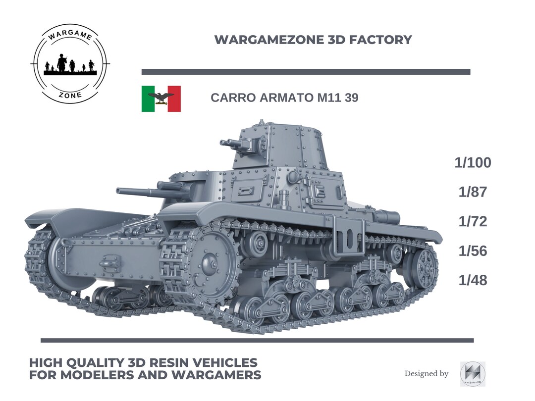 WWII ITALIAN Carro Armato M11 39 1/100 15mm 1/87 Ho 1/72 20mm 1/56 28mm ...