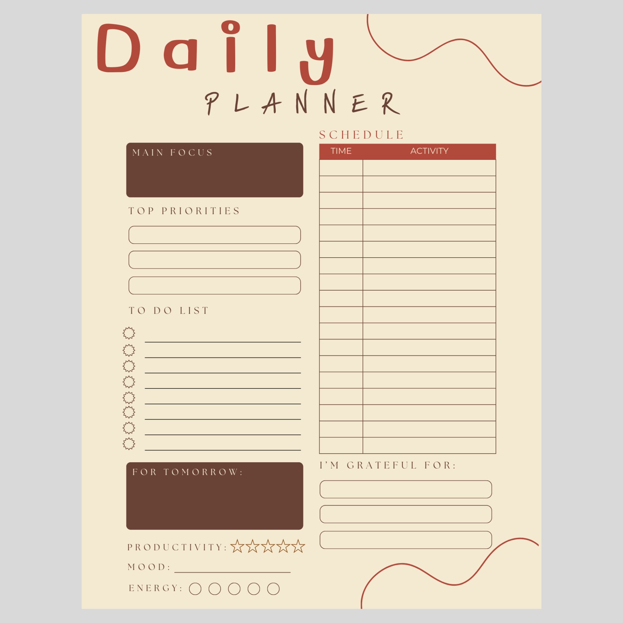 Daily Planner Printable, One Day Planner, Schedule and Main Focus - Etsy