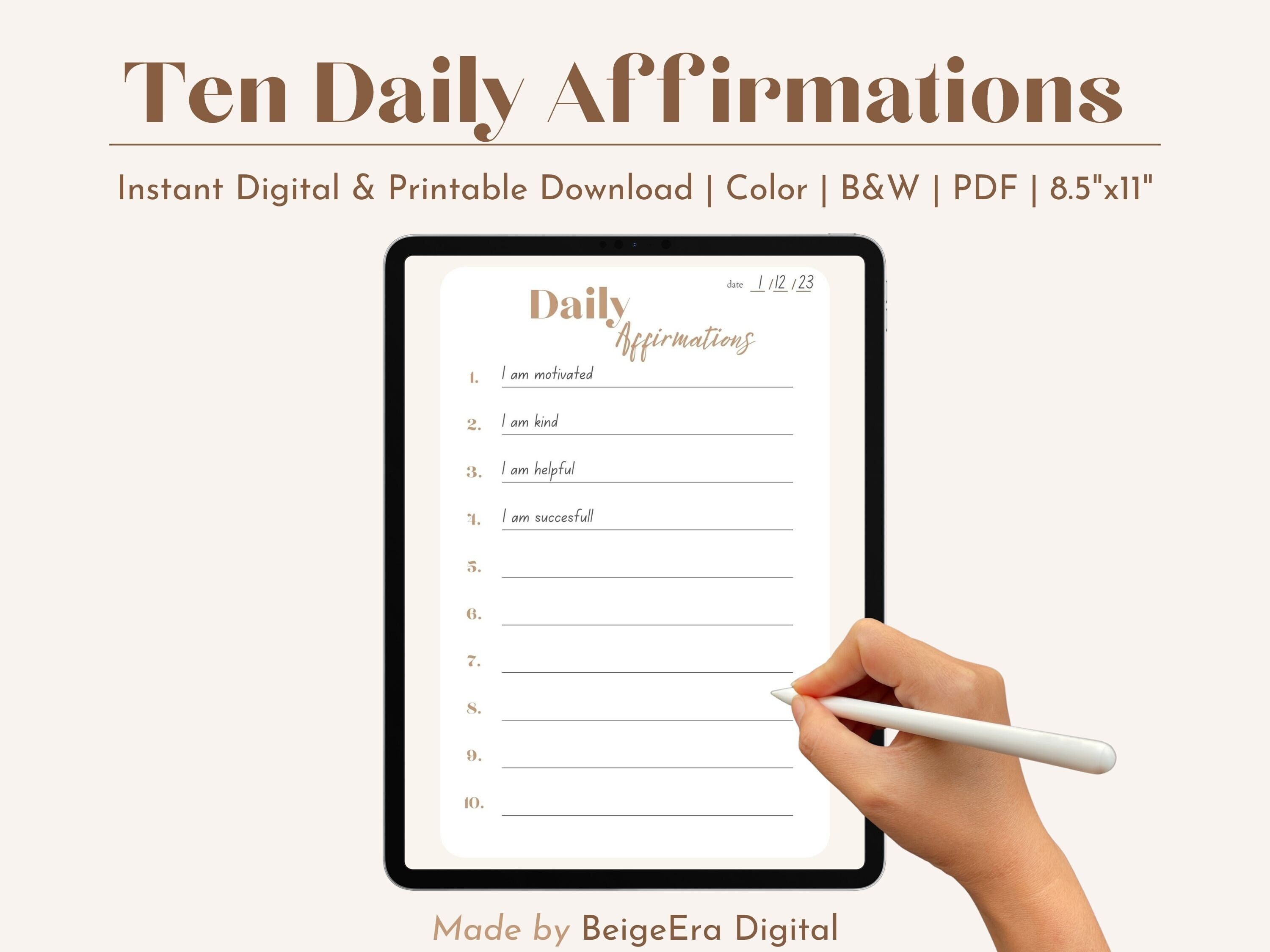 Ten Daily Affirmations Digital Download, Daily Affirmation List ...
