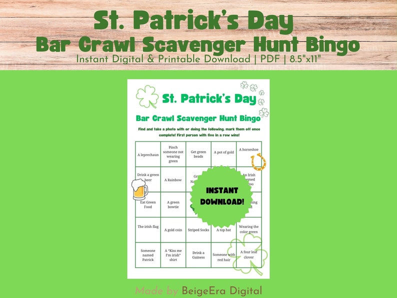 St. Patricks Day Bar Crawl Scavenger Hunt Bingo Instant Digital ...