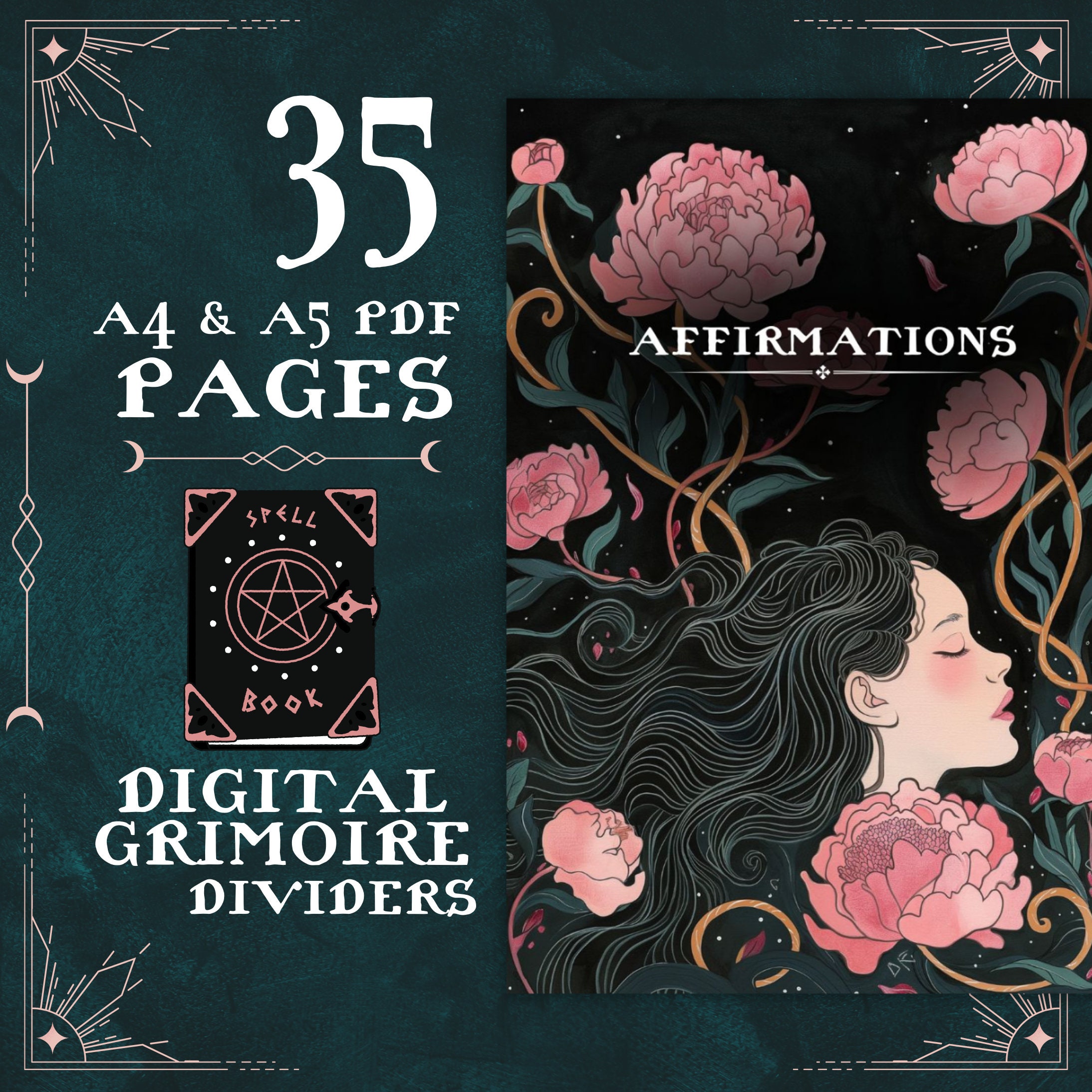 Printable Grimoire Pink Peony Divider Pages Digital Grimoire Paper Book of Shadows Pages ...