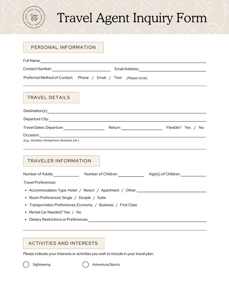 Travel Agent Inquiry Form - Etsy