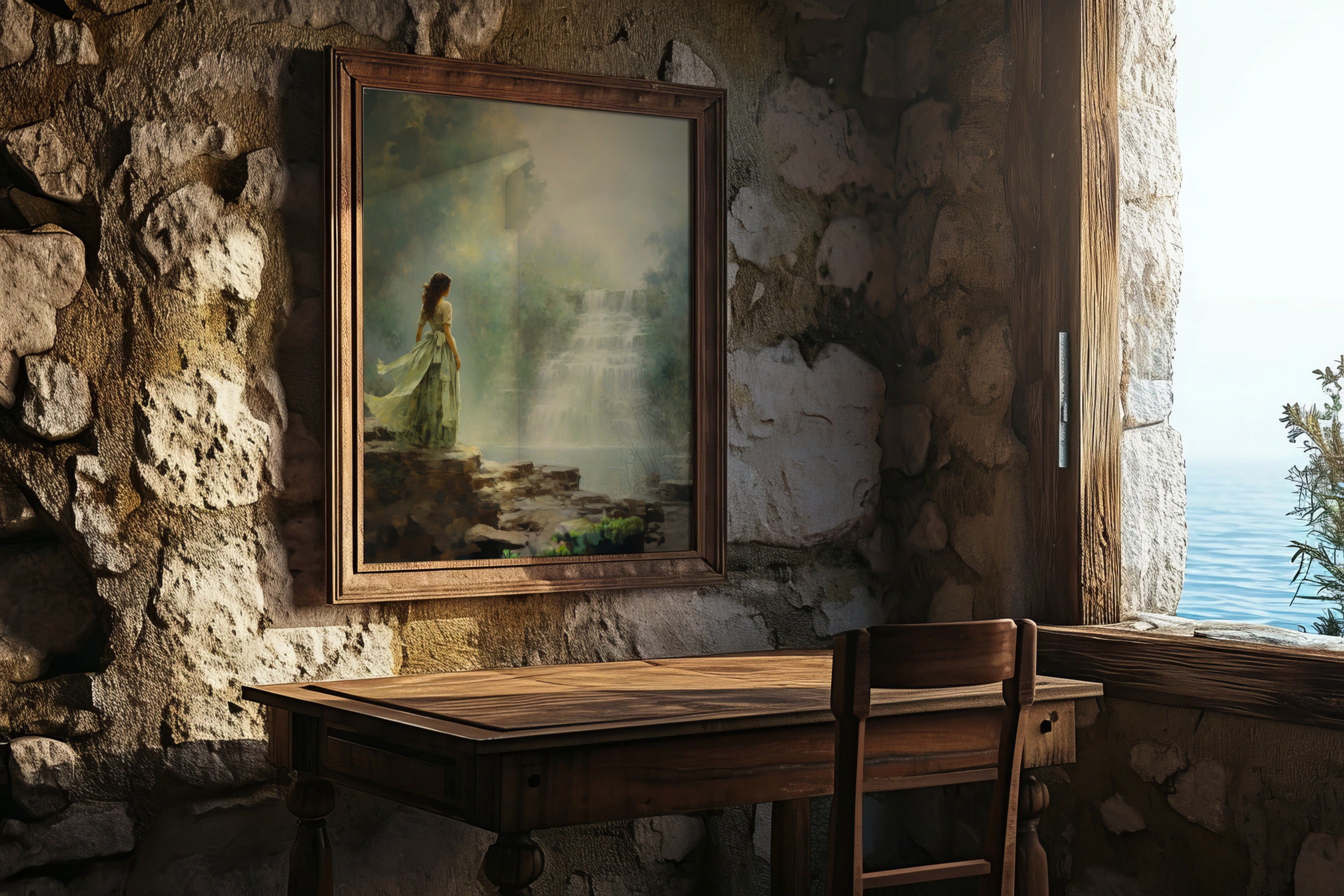 Printable Cascade Reverie Lady in a Dress Digital Artwork, Landscape ...