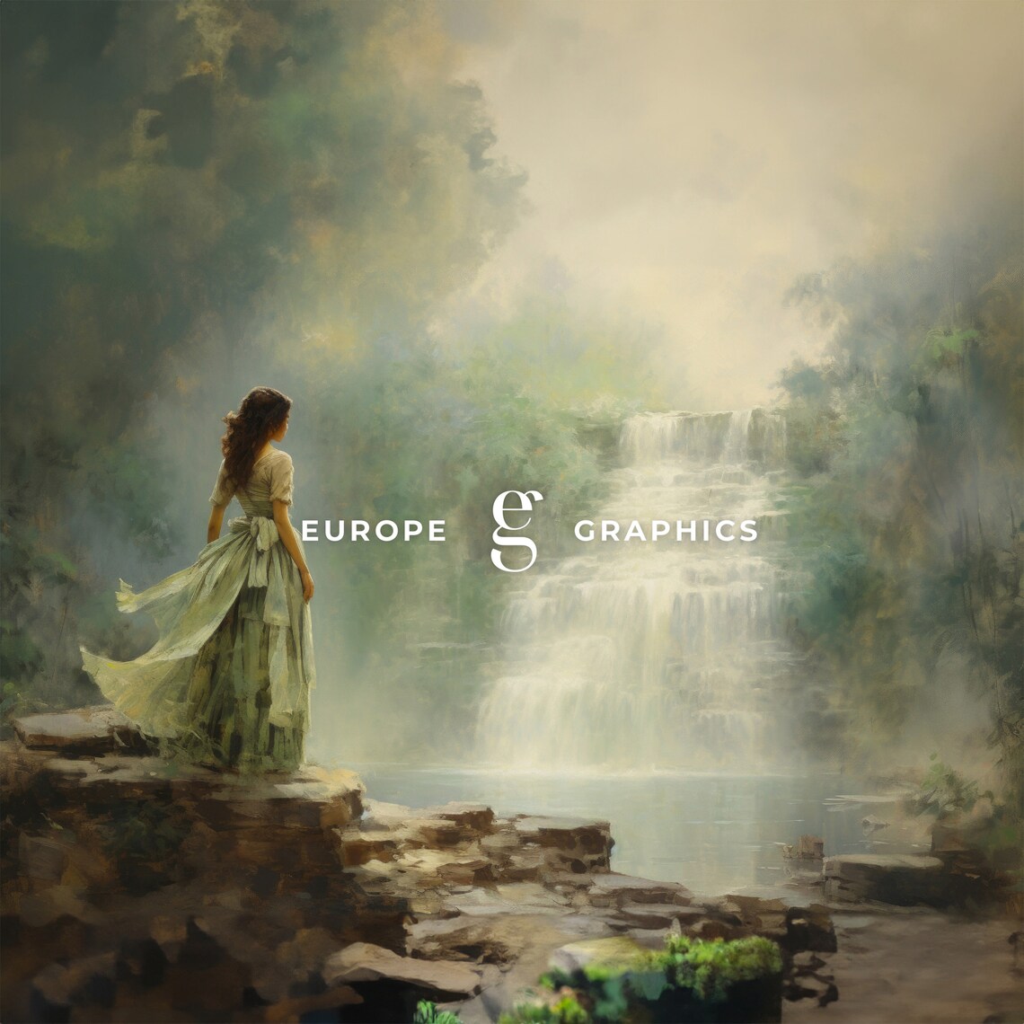 Printable Cascade Reverie Lady in a Dress Digital Artwork, Landscape ...