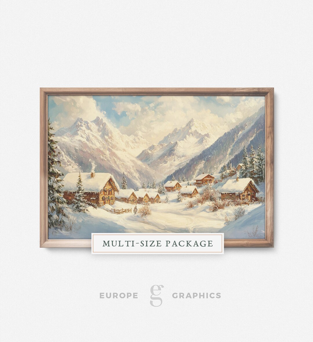 Printable Alpine Winter Village Mountains Winter Cabin Village, Snowy ...