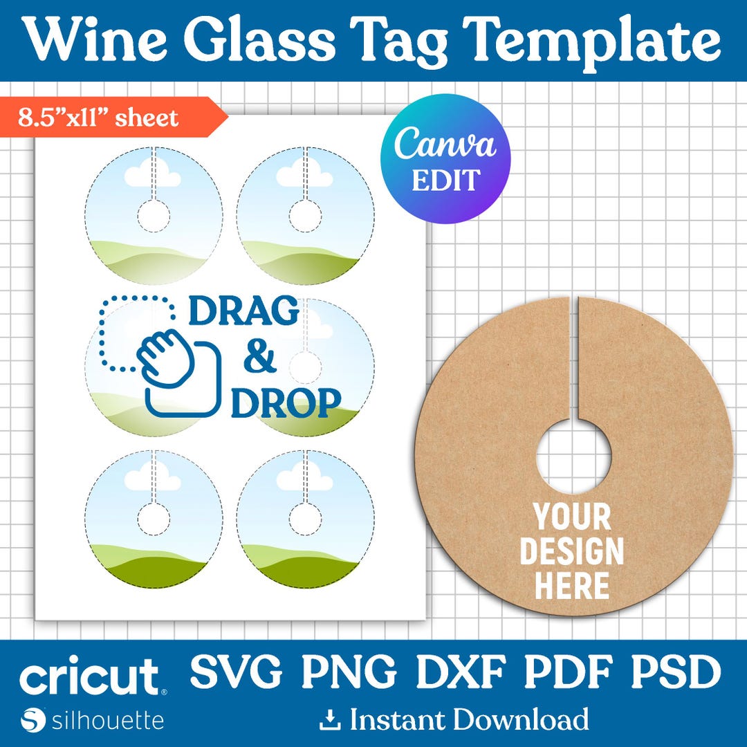 3" Wine Glass Tag Template, Wine Glass Name Tag Template, Glass Charm ...