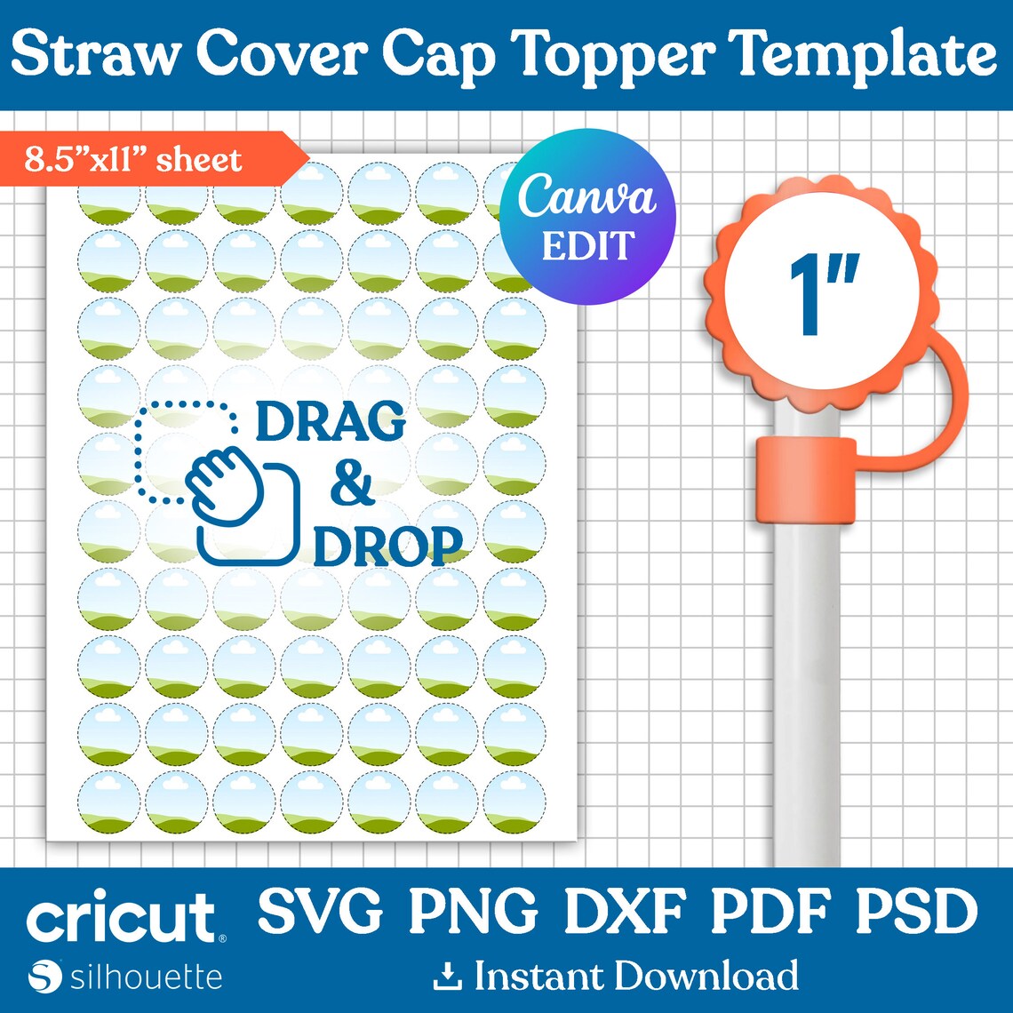 Flower Straw Cover Cap Topper Template, Straw Template Svg, Straw ...