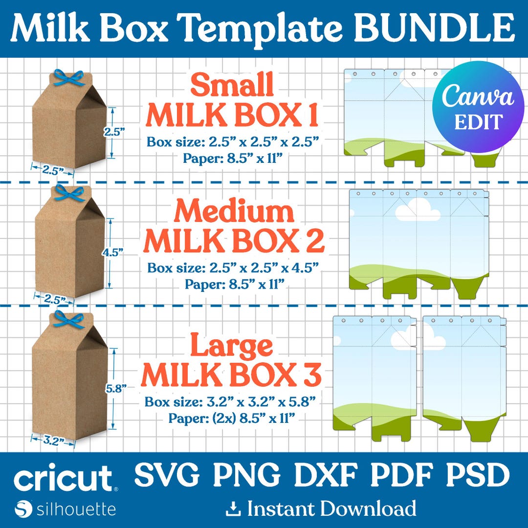 Milk Box Template BUNDLE, Milk Carton Box Template, Milk Favor Box Svg ...