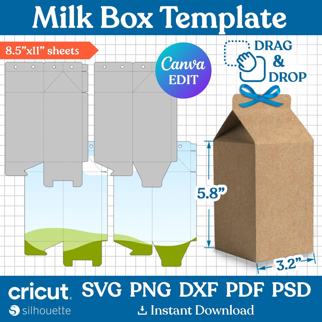 5.8" Milk Box Template, Milk Carton Box Template, Milk Favor Box Svg ...