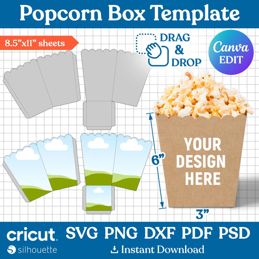 Popcorn Box Template, Popcorn Box Svg, Snack Box Svg, Party Favor Box ...
