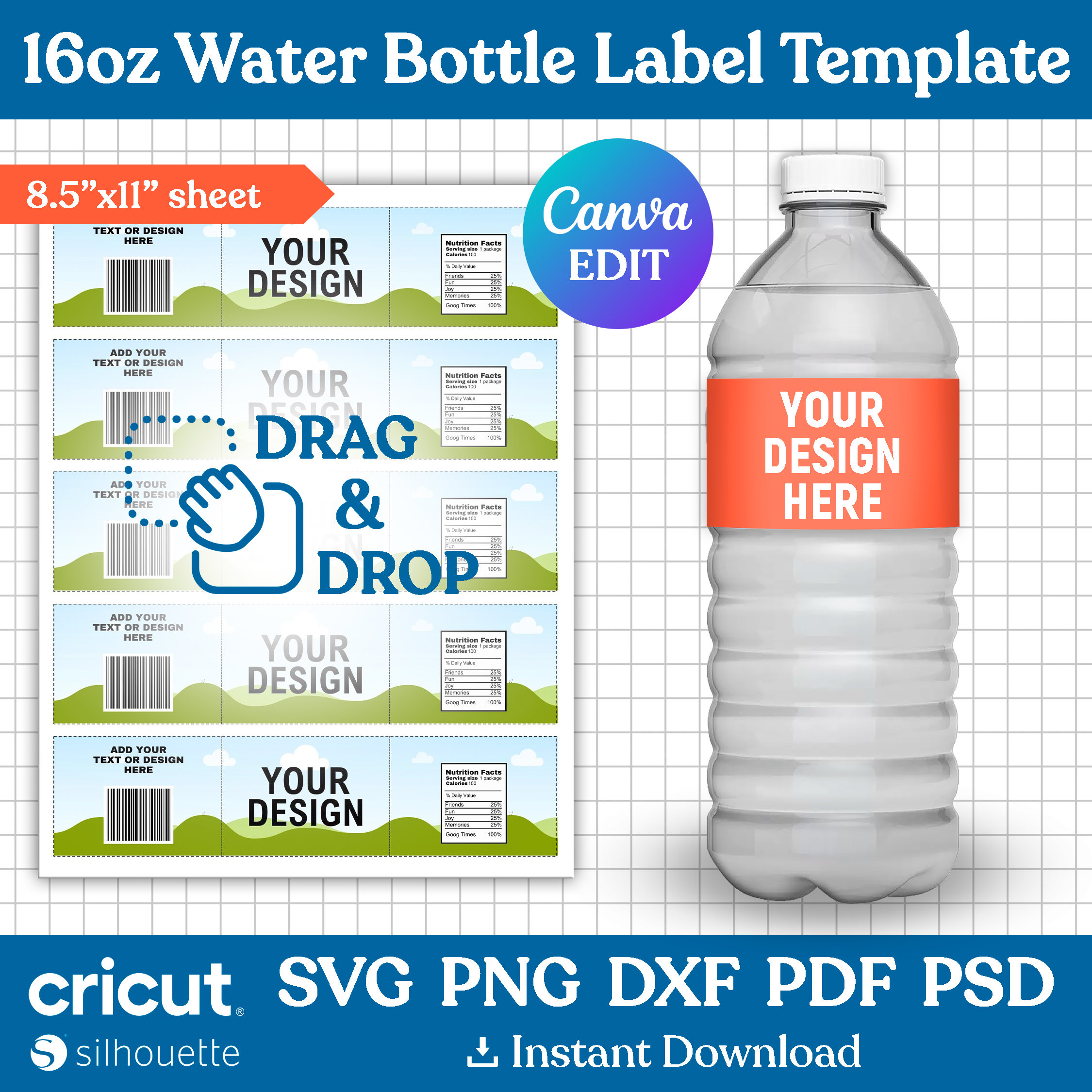 16oz Water Bottle Label Blank Template, Water Bottle Label Template ...