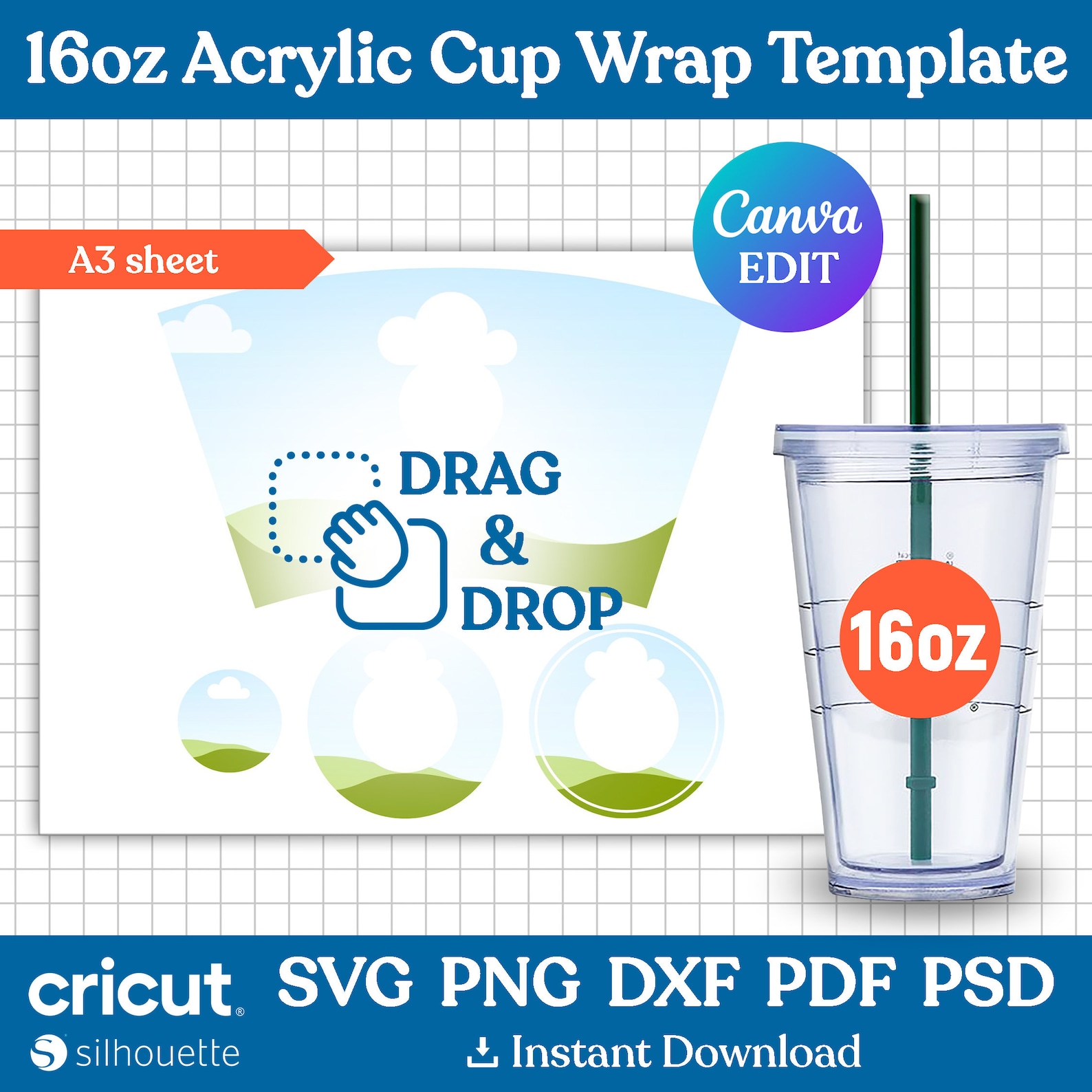 16oz Acrylic Cup Wrap Template, Coffee Cup Template, Coffee Cold Cup ...