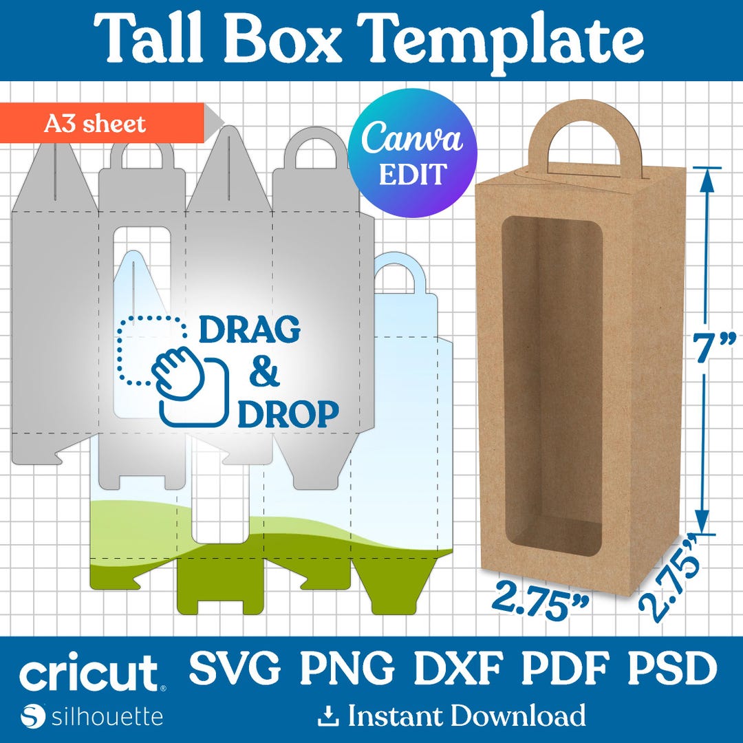 7" Tall Box Template, Tall Box Svg, Box With Handle Template, Gift Box ...