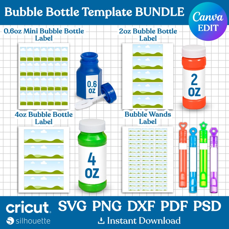 Bubble Bottle Label Template BUNDLE, 0.6 Oz, 2 Oz, 4 Oz Bubble Bottle ...