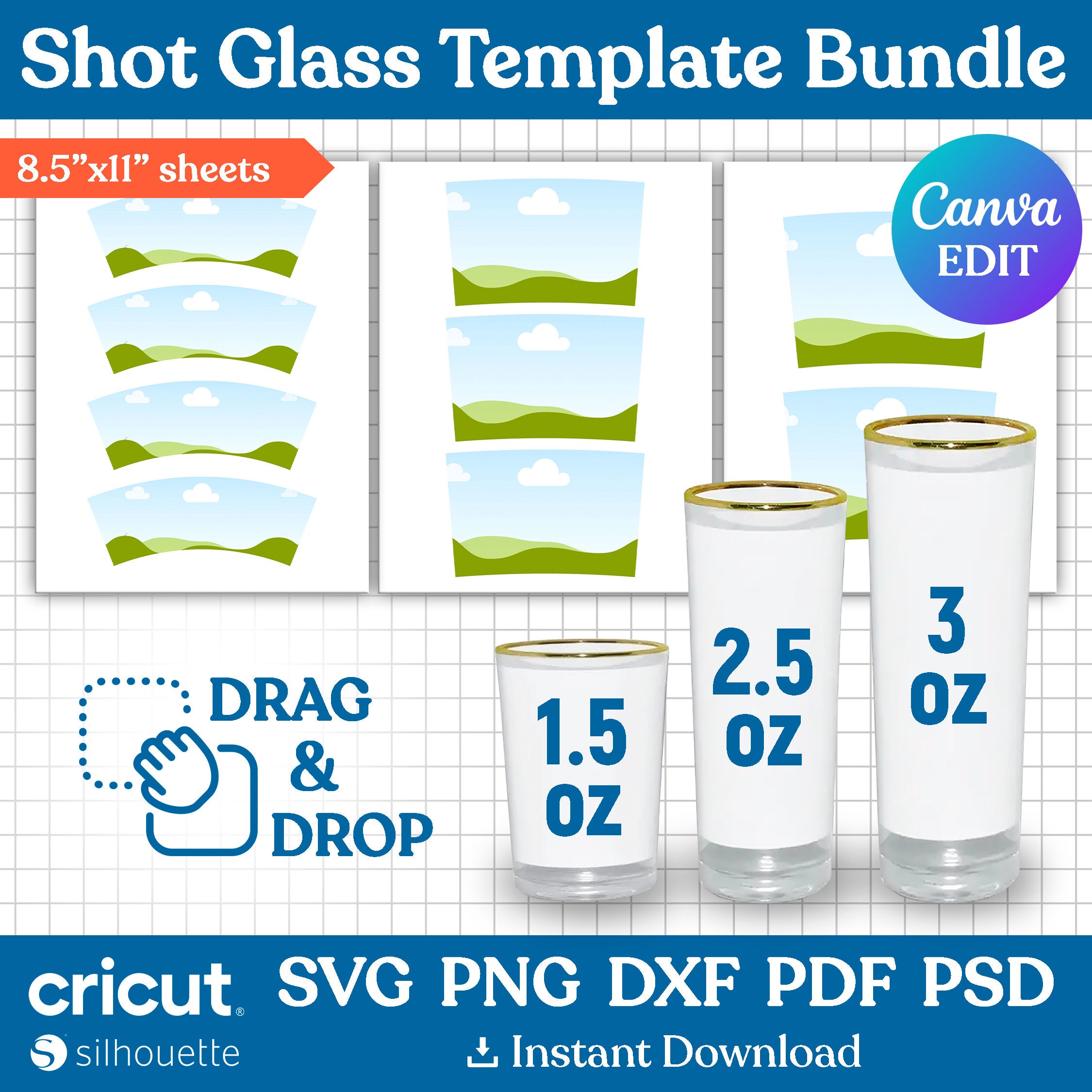 Shot Glass Template Bundle, 1.5oz, 2.5oz, 3oz Shot Glass Wrapper, Shot ...