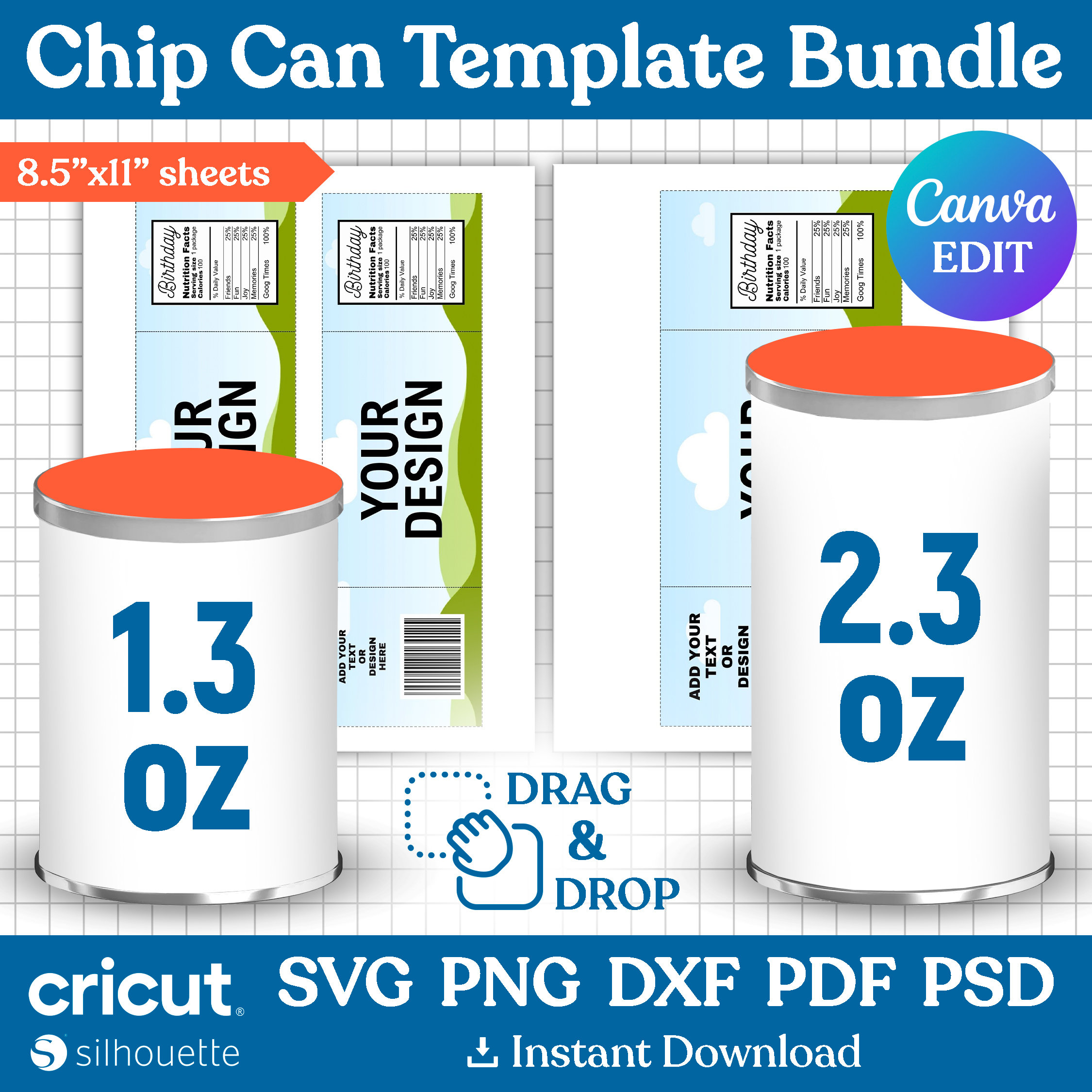 1.3oz - 2.3oz Chip Can Template Bundle, Chip Can Label Template, Potato ...