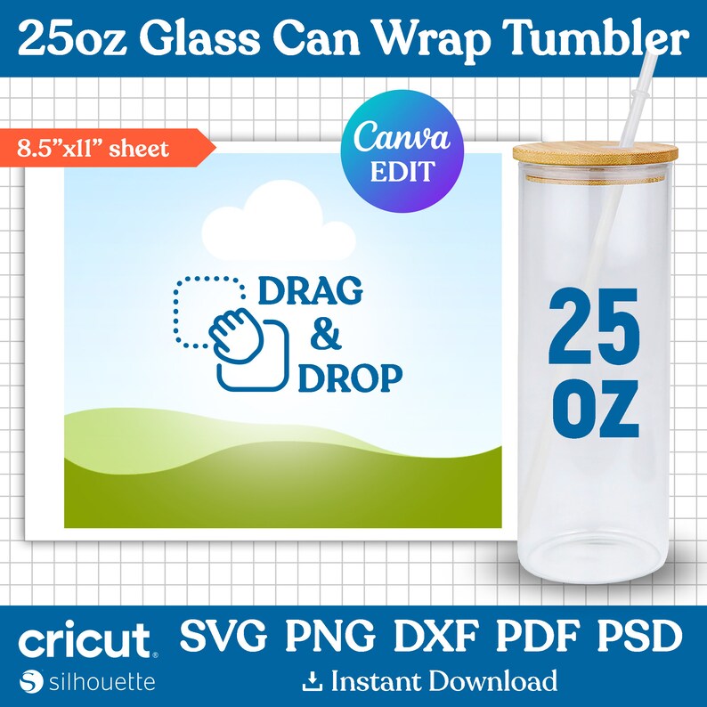 25oz Glass Can Straight Wrap Template, 18oz Glass Can Sublimation ...