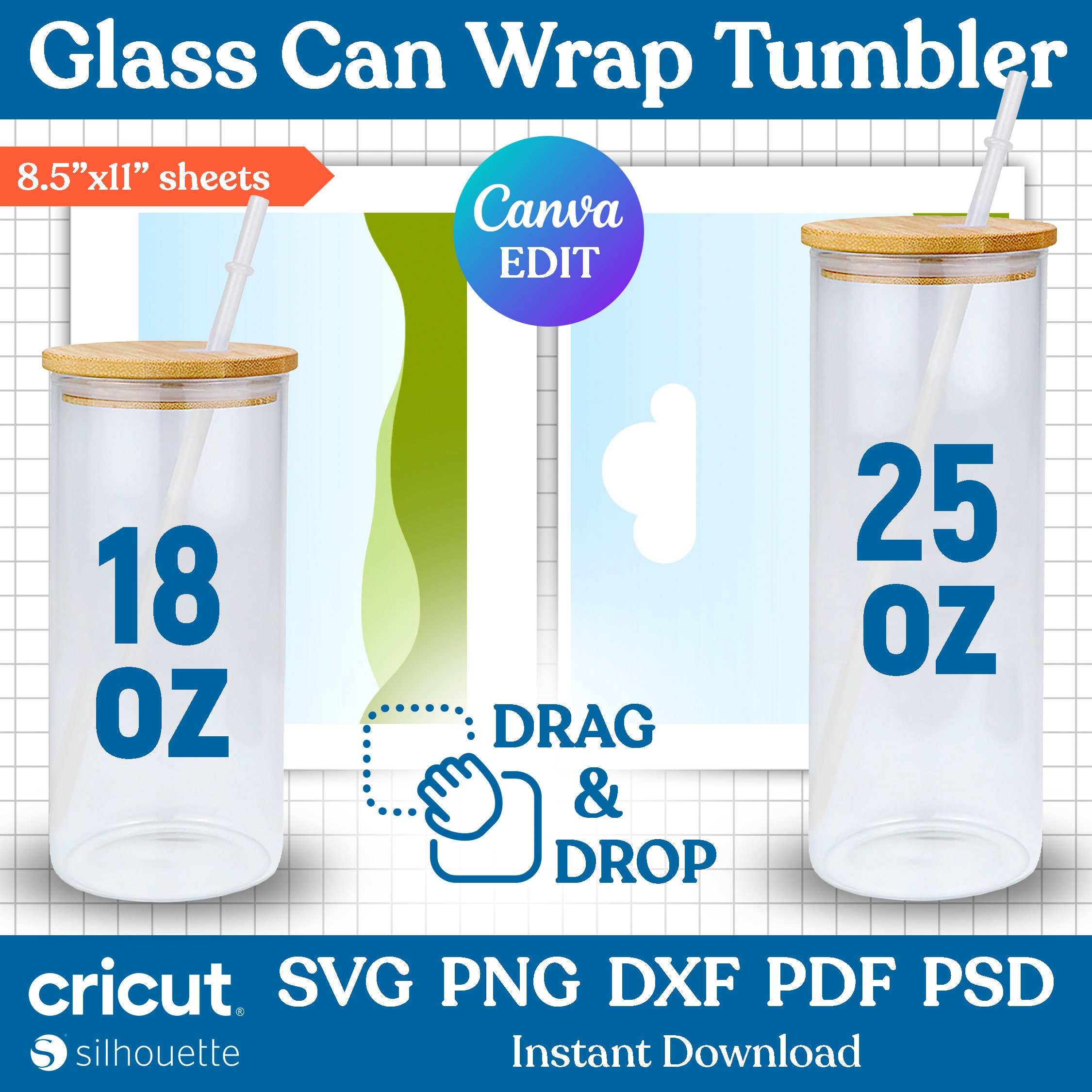 25oz Glass Can Straight Wrap Template, 18oz Glass Can Sublimation ...
