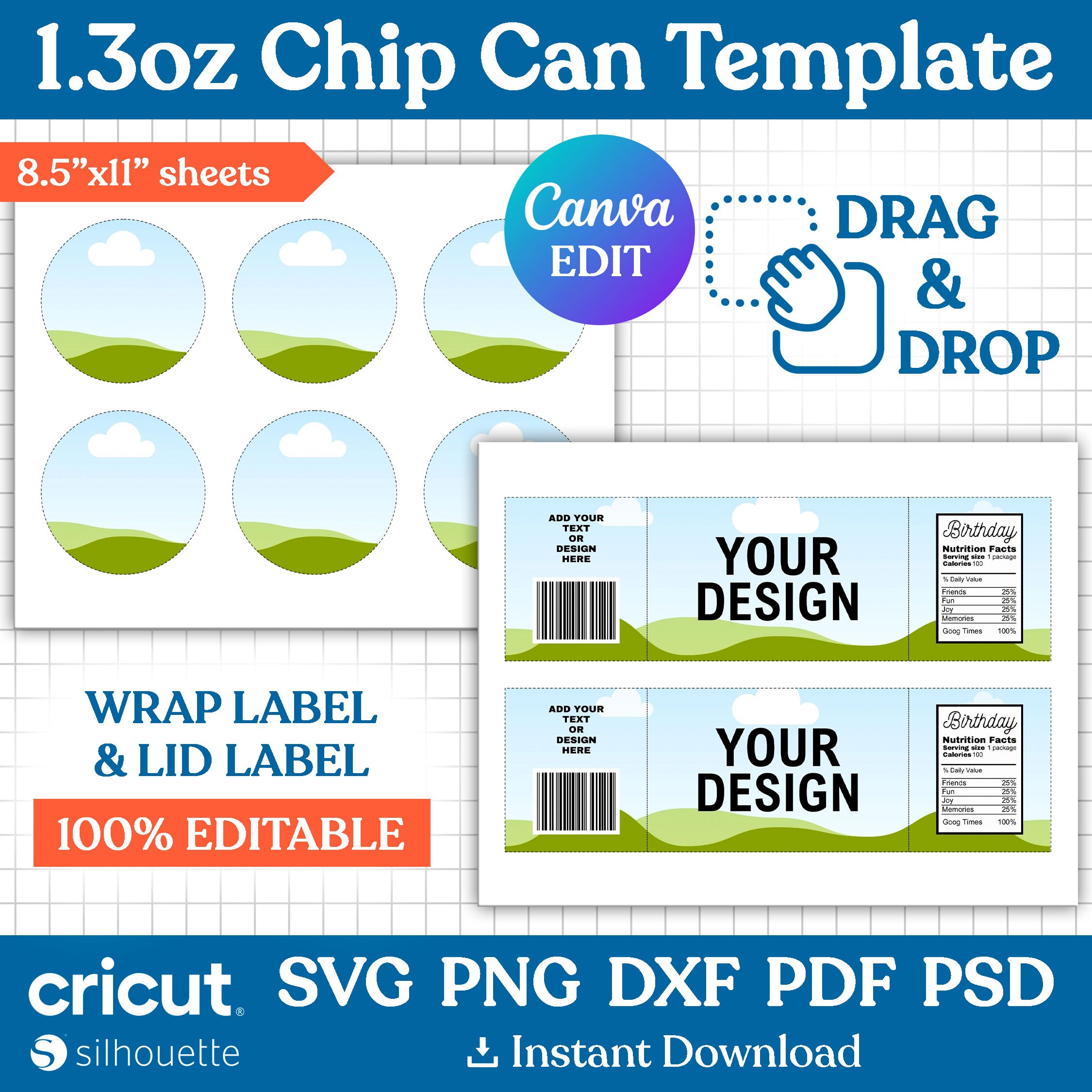 1.3oz - 2.3oz Chip Can Template Bundle, Chip Can Label Template, Potato ...