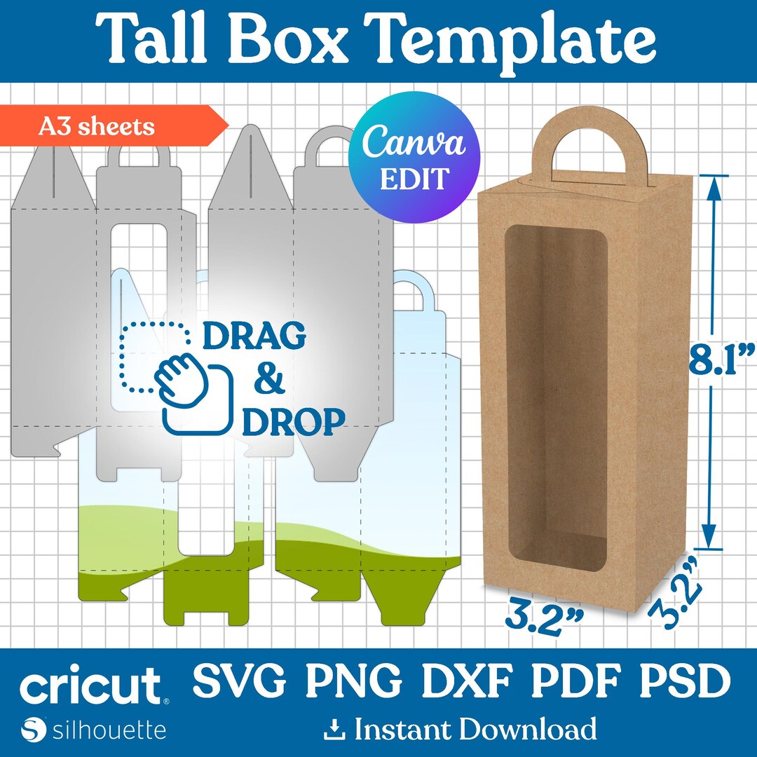 8.1" Tall Box Template, Tall Box Svg, Box With Handle Template, Gift ...