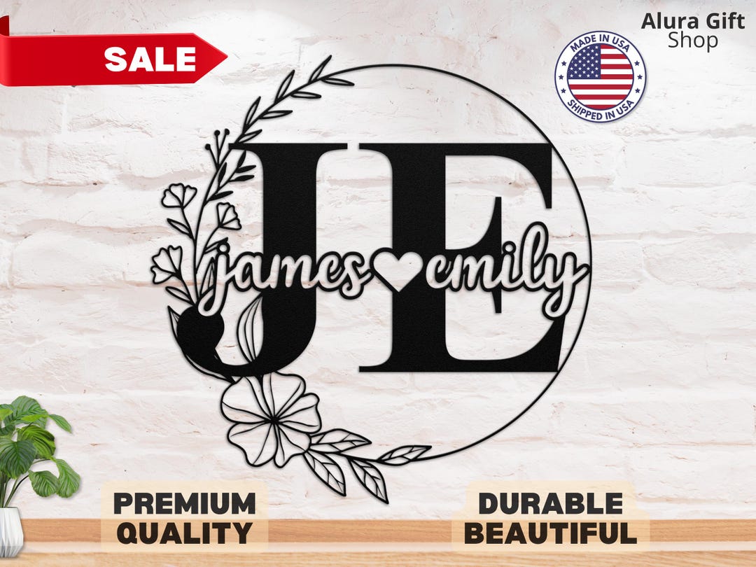 Initial Monogram Floral Frame Metal Sign Custom Split Letters 2 Initial ...
