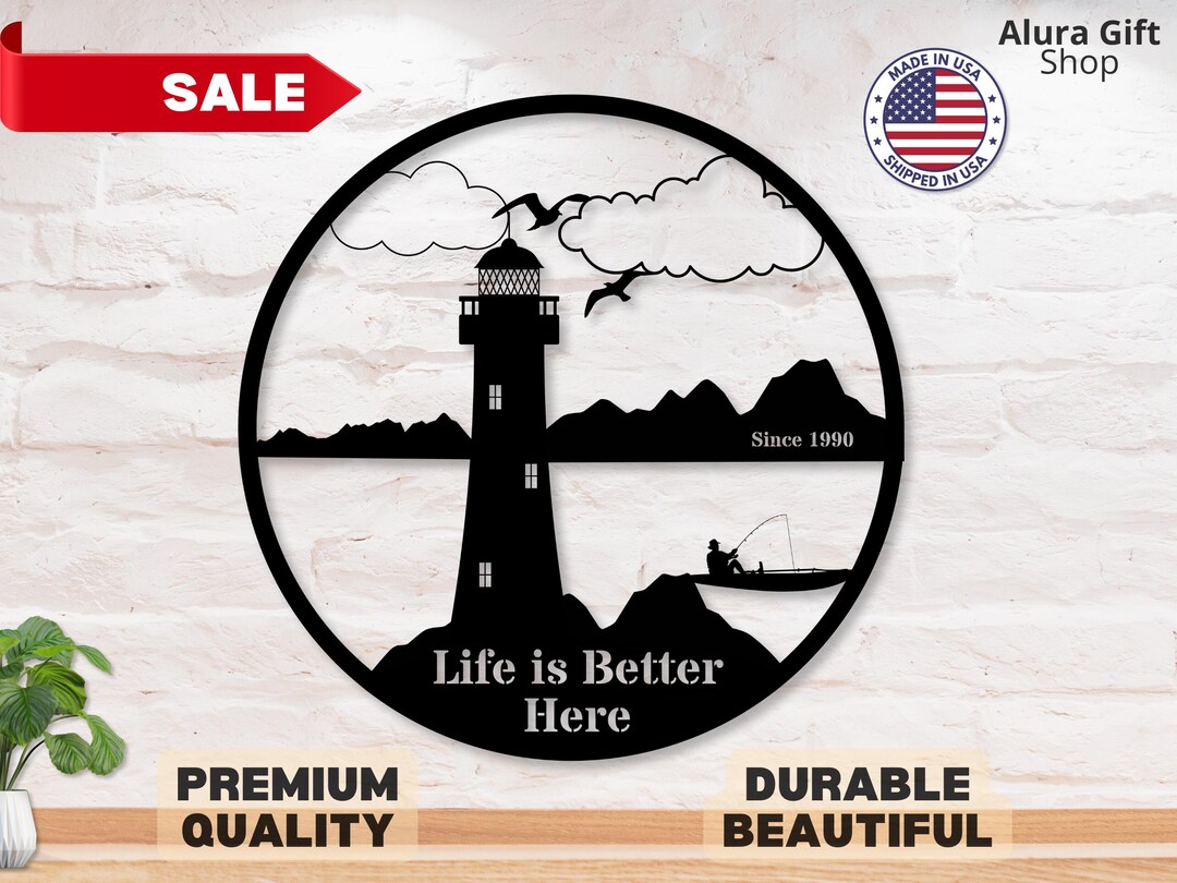 Custom Lighthouse Metal Sign Life is Better Here Cabin Decor Seagull ...