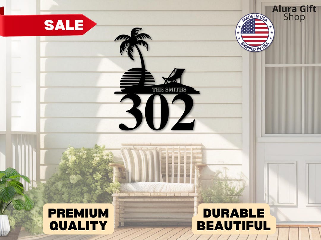 Beach House Number Sign Custom Metal Home Number Wall Art Palm Wall ...