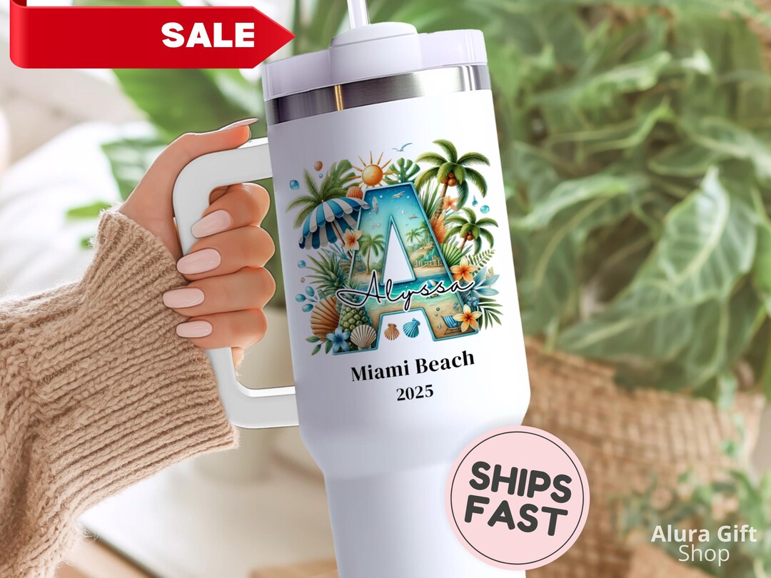 Custom Beach Vacation Tumbler 40oz Monogram Initial Tumbler Monogram ...